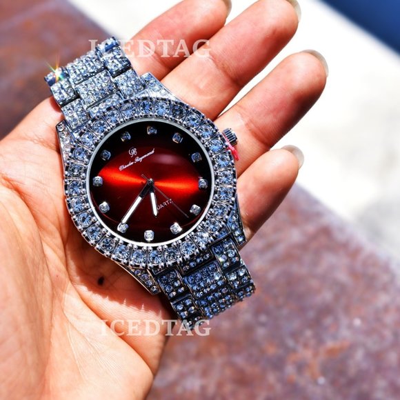 Accessories | Full Iced Out Red Face Stylish Luxury Party Watch | Poshmark